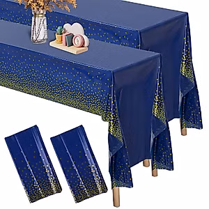 2 Pack Plastic Navy Blue Tablecloths, 54" × 108" Disposable Gold Dot Dark Blue Party Table Covers Deep Blue Table Cloths Peva Party Tablecovers for Party Decoration Fine Dining Anniversary Graduation