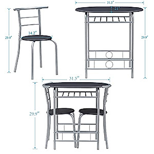VECELO 3 Piece Small Round Dining Table Set for Kitchen Breakfast Nook, Wood Grain Tabletop with Wine Storage Rack, Save Space, 31.5", Black and Silver