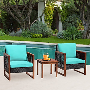 FDW 3-Piece Patio Bistro Set Acacia Wood Outdoor Chat Conversation Table Chair Set Outdoor Wood Chat Set with Water Resistant Cushions and Coffee Table for Beach Backyard Garden,Blue Cushion