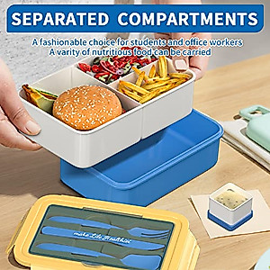 Bento Lunch Box for Kids, 1400 ML Bento Box Adult Lunch Box for Men Women with Cutlery & Salad Dressing Container To Go, Leak-Proof Meal Prep Container for Work School Travel, No BPA, Microwave Safe