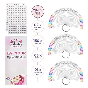 LA NOUR 150 Pcs - Nail Swatch Sticks with Ring & Stickers, – Practice Nail Tips, for Nail Polish, Gel, Dip Powder & Nail Art Practice – Clear, Large & Fan-Shaped – Best for Home & Salon (150 count)