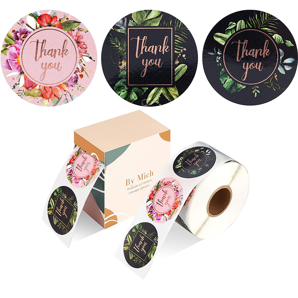by Mich 1.5 Inch Thank You Stickers, Roll of 500 pc,3Designs |Thank You Stickers for Small Business, Wedding and Holiday |Pink, Black Thank You Labels with Greenery Boho Handwritten Rose Gold Font