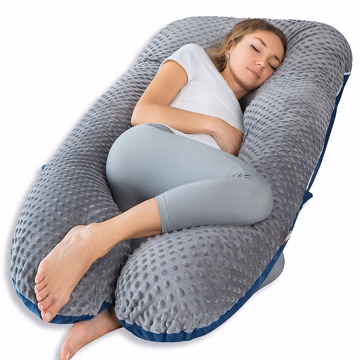 AngQi Peanutshell Pregnancy Pillows, Full Body Pregnancy Pillow with Minky Dot & Velvet Cover, U Shaped Body Pillow for Pregnant Women, Maternity Pillow for Side Sleeping and Back Support, Blue & Grey