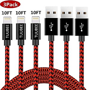 iPhone Charging Cable, 3 Pack 10FT TUUBEE Durable iPhone Charger Cable Nylon Braided Lightning Cord Fast Charging & Syncing iPhone Chargers Compatible iPhone XS/Max/XR/X/8P/8/7/6/iPad(Red&Black)