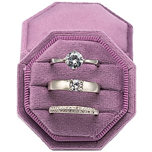 Giftop Equal Octagon Velvet Ring Box Storage 3 Slots for Wedding Ceremony Proposal Engagement Birthday Gift (Purple)