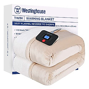 Westinghouse Electric Blanket Heated Blanket | 10 Heating Levels & 1 to 12 Hours Heating Time Settings | Flannel to Sherpa Reversible 62x84 Twin Size | Machine Washable, Beige
