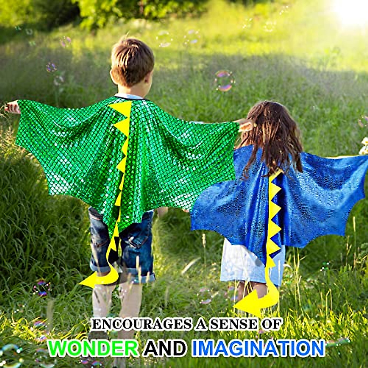 IROLEHOME Dragon-Wings Costume for Kids Mask Dinosaur Dress Up Cape for Boys Girls Halloween-Party Gifts Toys (metallic blue) (metallic green)
