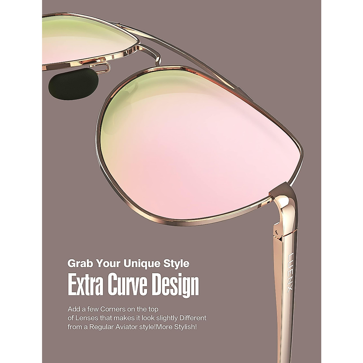 LUENX Women Aviator Sunglasses Polarized Shades Flexible Spring Hinge - Pink Mirror Lens Rose Gold Metal Frame 60mm