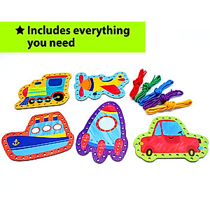 KRAFUN Preschool Beginner First Lacing Card Kit for Kids Training Arts & Crafts, 5 Easy Transport and Cars Lacing Projects, Lacing Cards for Toddlers, Fine Motor Skills Toys