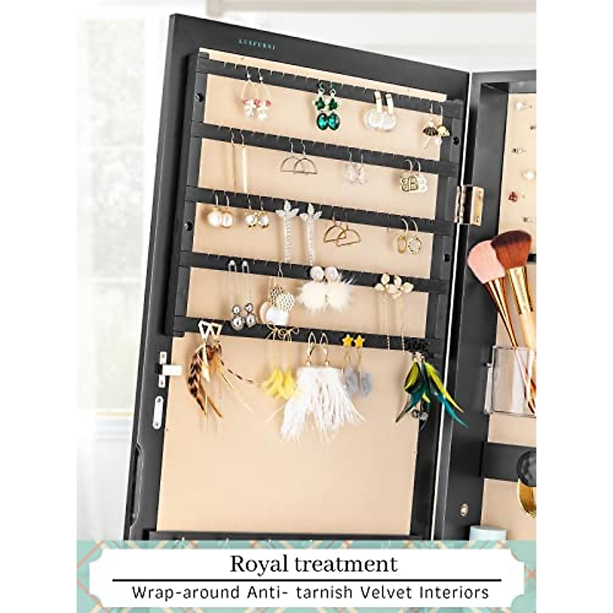 LUXFURNI LED Light Jewelry Cabinet Standing Full Screen Mirror Makeup Lockable Armoire, Large Cosmetic Storage Organizer w/Brush Holder (Black)