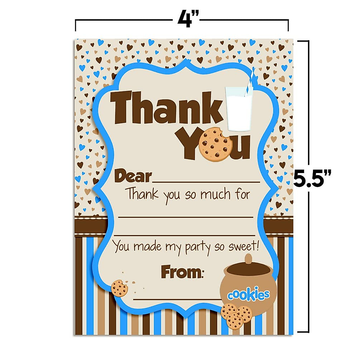 Milk & Cookies Blue & Brown Birthday Thank You Notes, Ten 4" x 5.5" Fill In The Blank Cards with 10 White Envelopes by AmandaCreation
