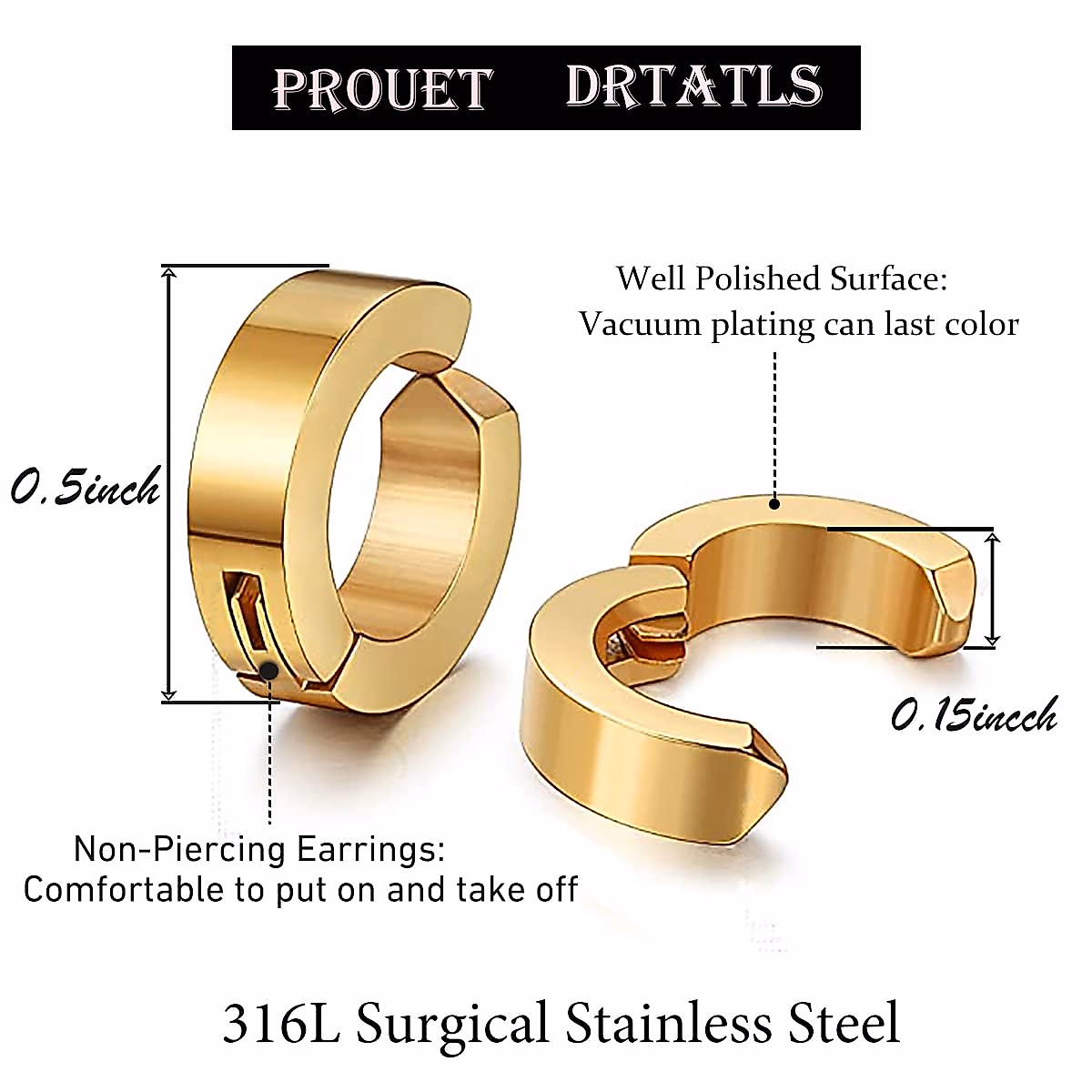 YCL&TXL Stainless Steel Clip On Earrings for Men Women Hoop Huggie Men's Fake Earrings (Gold)