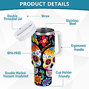 ALAZA Sugar Skull Day Of Dead 40 oz Tumbler Stainless Steel Water Bottle Vacuum Insulated Cup with Straw Lid & Handle For Travel Car Cup Holder