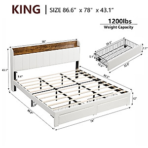 XKLOGER Upholstered Bed Frame King Size with Headboard, Platform King Bed Frame with Storage Drawers & Charging Station, No Box Spring Needed/Noise Free/Heavy Duty/White