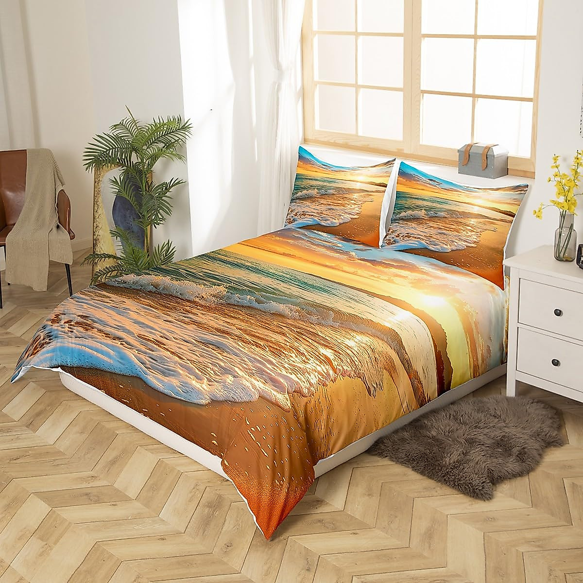 Feelyou Hawaiian Beach Bedding Set King Size Kids Sea Printed Comforter Cover Set for Boys Girls Teens Summer Holiday Vacation Duvet Cover Nature Pattern Bedspread Cover（No Comforter