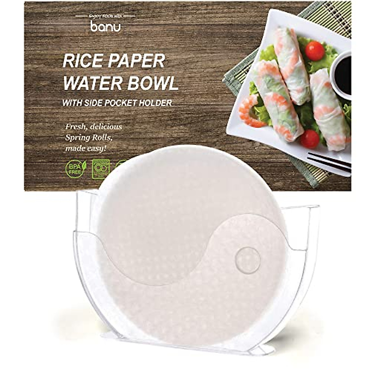 BANU Rice Paper Water Bowl with Side Pocker Holder for Rice Paper Wrappers for Spring Rolls, Summer Rolls. Spring Roll Maker, Banh trang holder (1)