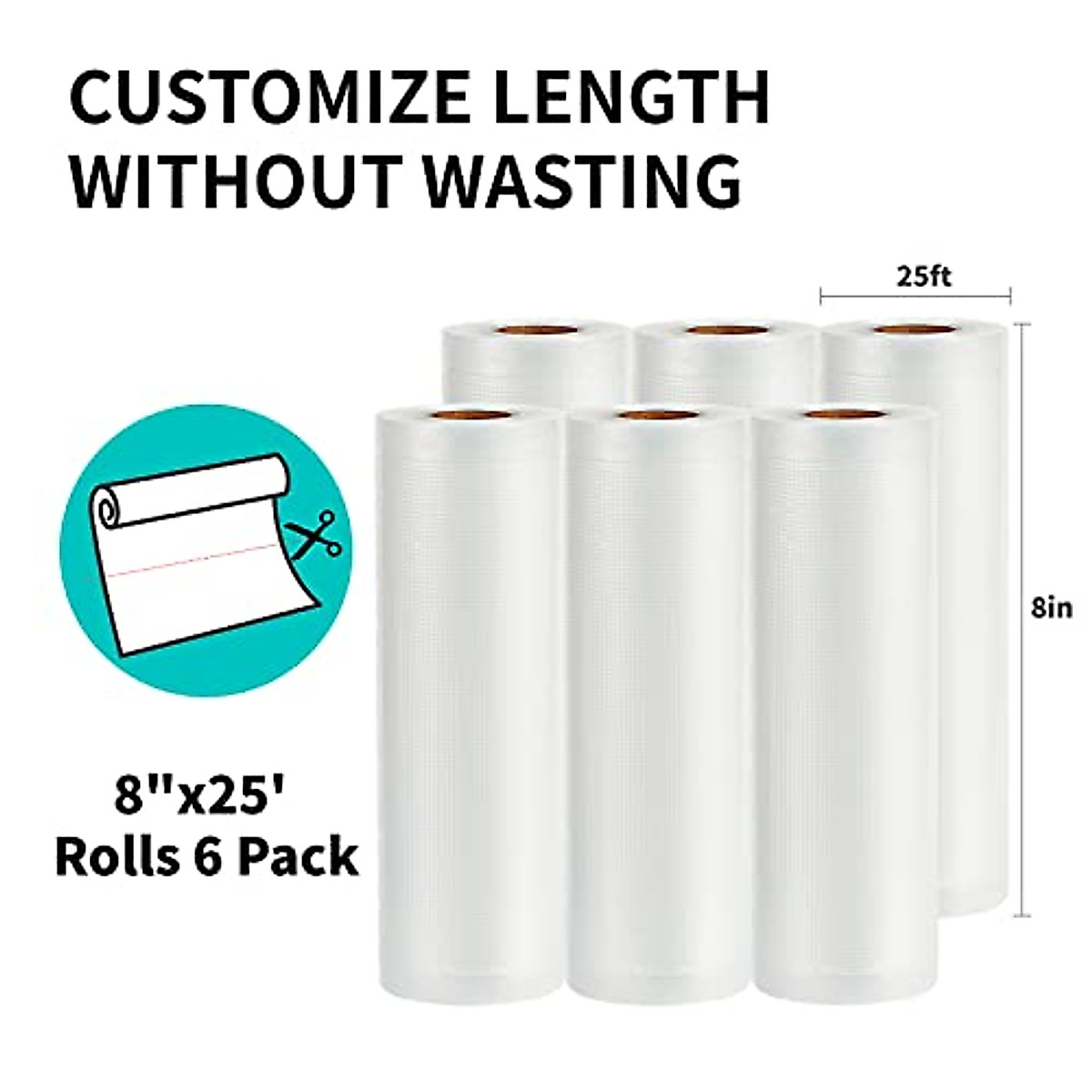 Happy Seal Vacuum Sealer Bags 8x25 Rolls 6 Pack for Food Saver, Seal a Meal, BPA Free, Commercial Grade, Great for Vac Storage, Meal Prep or Sous Vide