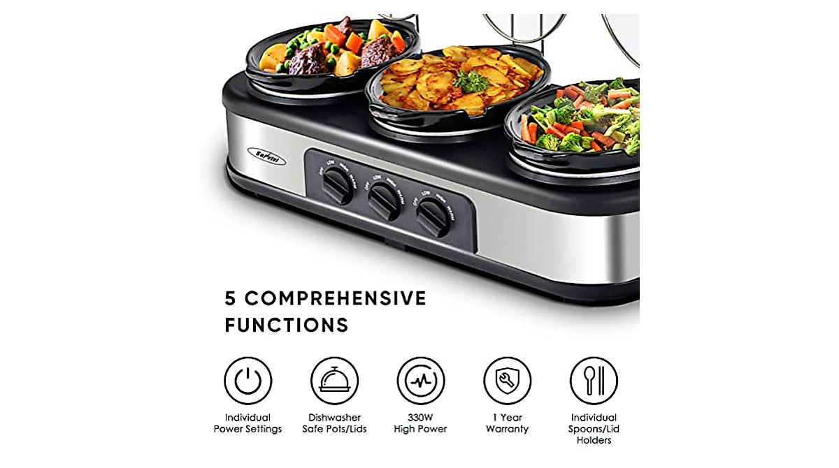 Sunvivi Triple Slow Cooker Buffet Server - 3 Pots, 4.5 Quart Capacity