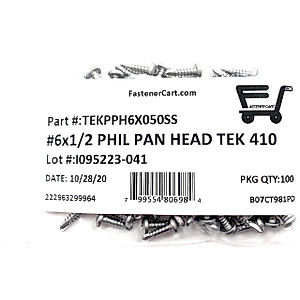 #6x1/2 Stainless Steel Phillips Pan Head Self Drilling Tapping TEK Screw (410 Stainless Steel) 100 Pieces 6X1/2
