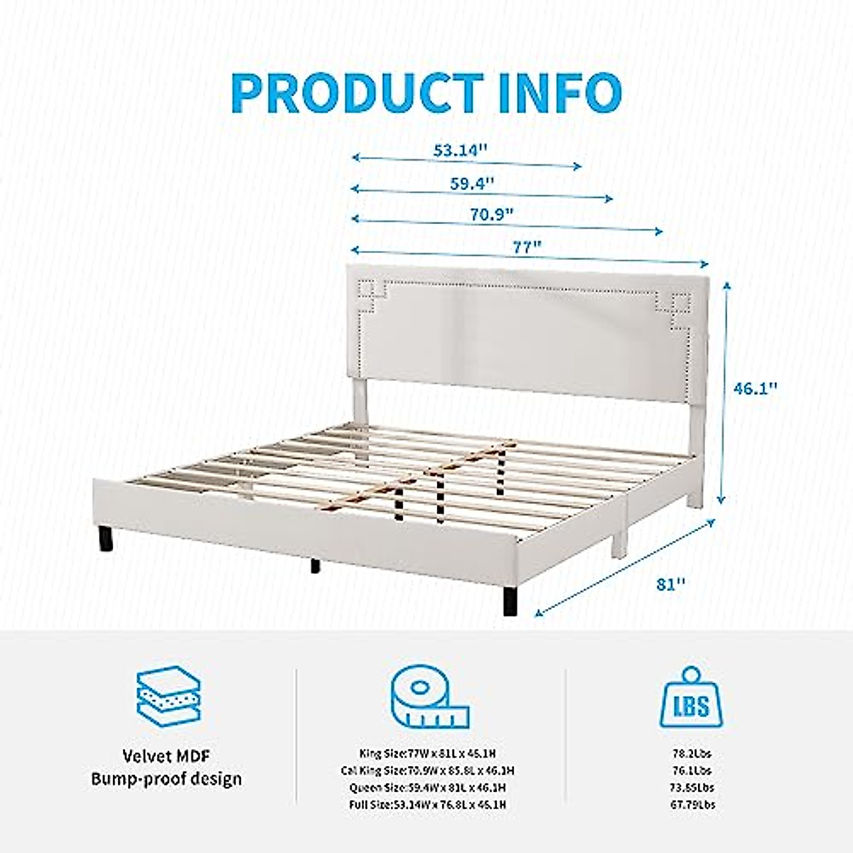 Mjkone Cal-King Bed Frame| Platform Bed Frame Upholstered Velvet Backrest | Adjustable Tufting Headboard Bed Frame with Solid Wood Slats Support Easy Assembly-Beige