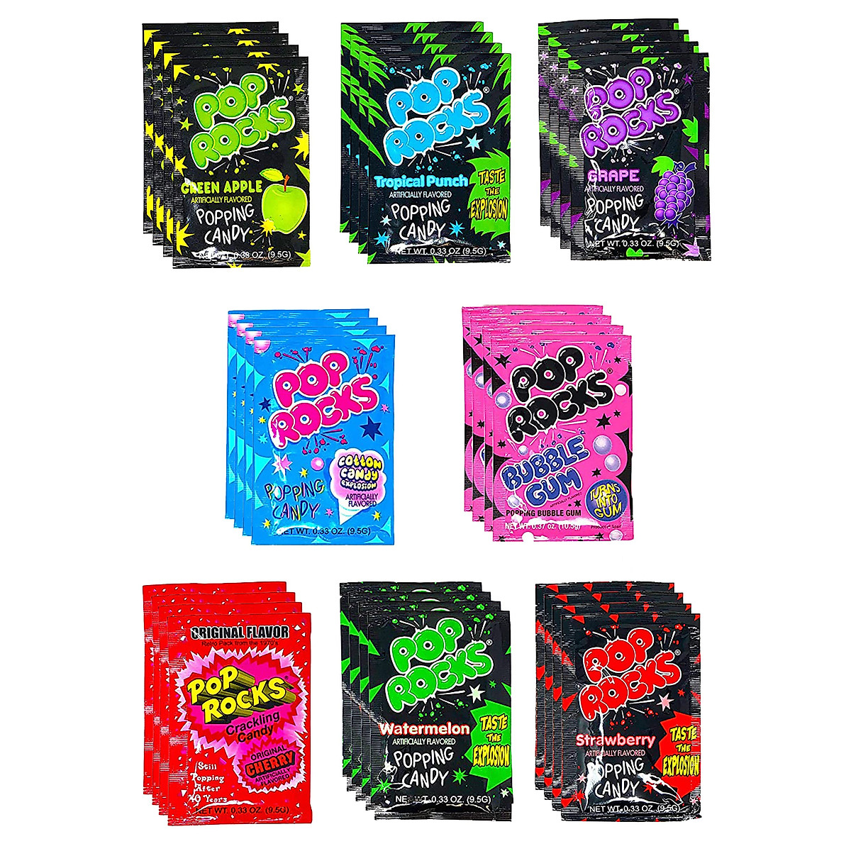 Pop Rocks Candy Variety Mix - 32 Pack of 8 Flavors - Retro Crackling Rock Candy - Bulk Pack Includes Tropical Punch, Bubble Gum, Cherry, and Much More