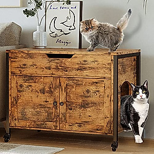 IRONCK Litter Box Enclosure with Storage and Wheels, Large Wood Hidden Cat Cabinet, Indoor Cat Washroom Furniture with Divider, Fit Most of Litter Box, Vintage Brown
