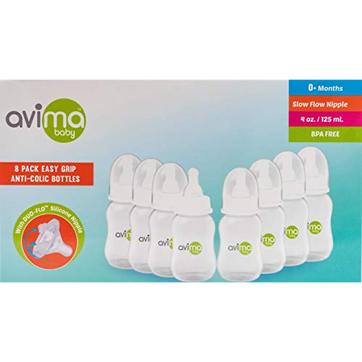 Avima 4 oz Anti Colic Baby Bottle Set - Slow Flow Nipples Included, Standard Neck, BPA Free - Newborn 0-3 Months, Stage 1 Feeding for Gas, Spit Up & Colic (Set of 8)