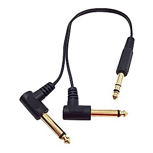 Qaoquda 1 Feet Gold Plated 6.35mm 1/4" Male TRS Stereo to Dual 2 x 6.35mm 1/4" Male TS Mono 90 Degree Right Angle Y Splitter Audio Cable (635M/2M)