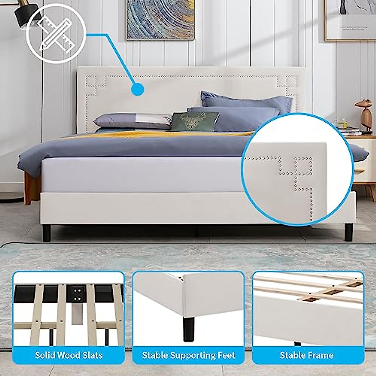 Mjkone Cal-King Bed Frame| Platform Bed Frame Upholstered Velvet Backrest | Adjustable Tufting Headboard Bed Frame with Solid Wood Slats Support Easy Assembly-Beige