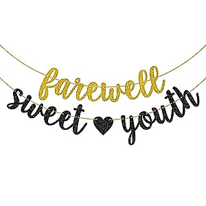 Helewilk Gold & Black Glitter Farewell Sweet Youth Banner, Funeral for My Youth Birthday Garland for 30th 40th 50th 60th Birthday Party Decoration, Funny Women Men Birthday Party Bunting Decor