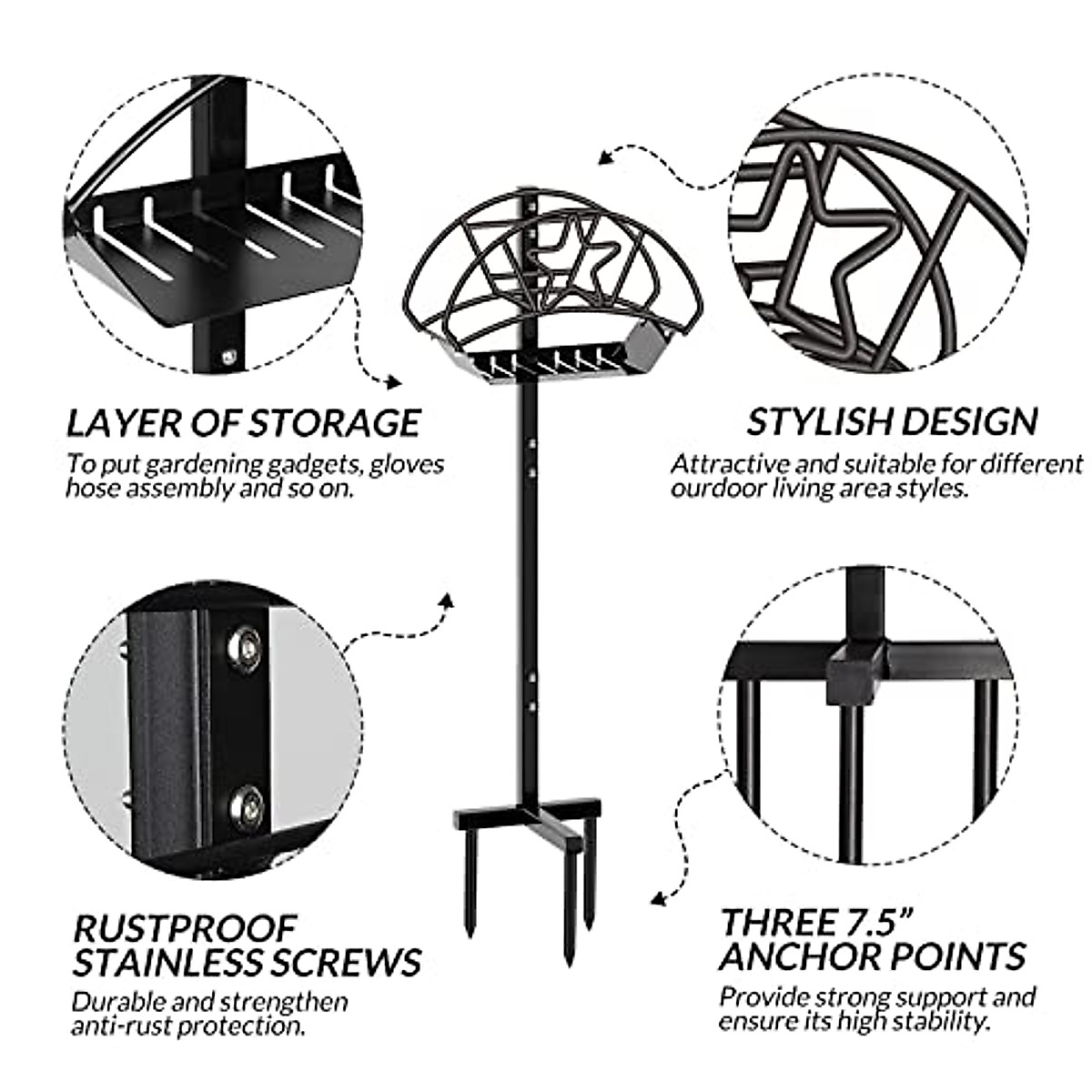 Walensee Garden Hose Holder Detachable Freestanding Water Hose Holder Hose Hanger for Outside Heavy Duty Metal Hose Storage Hose Stand Outdoor Decorative Hose Reel Rack for Garden, Yard & Lawn, Black