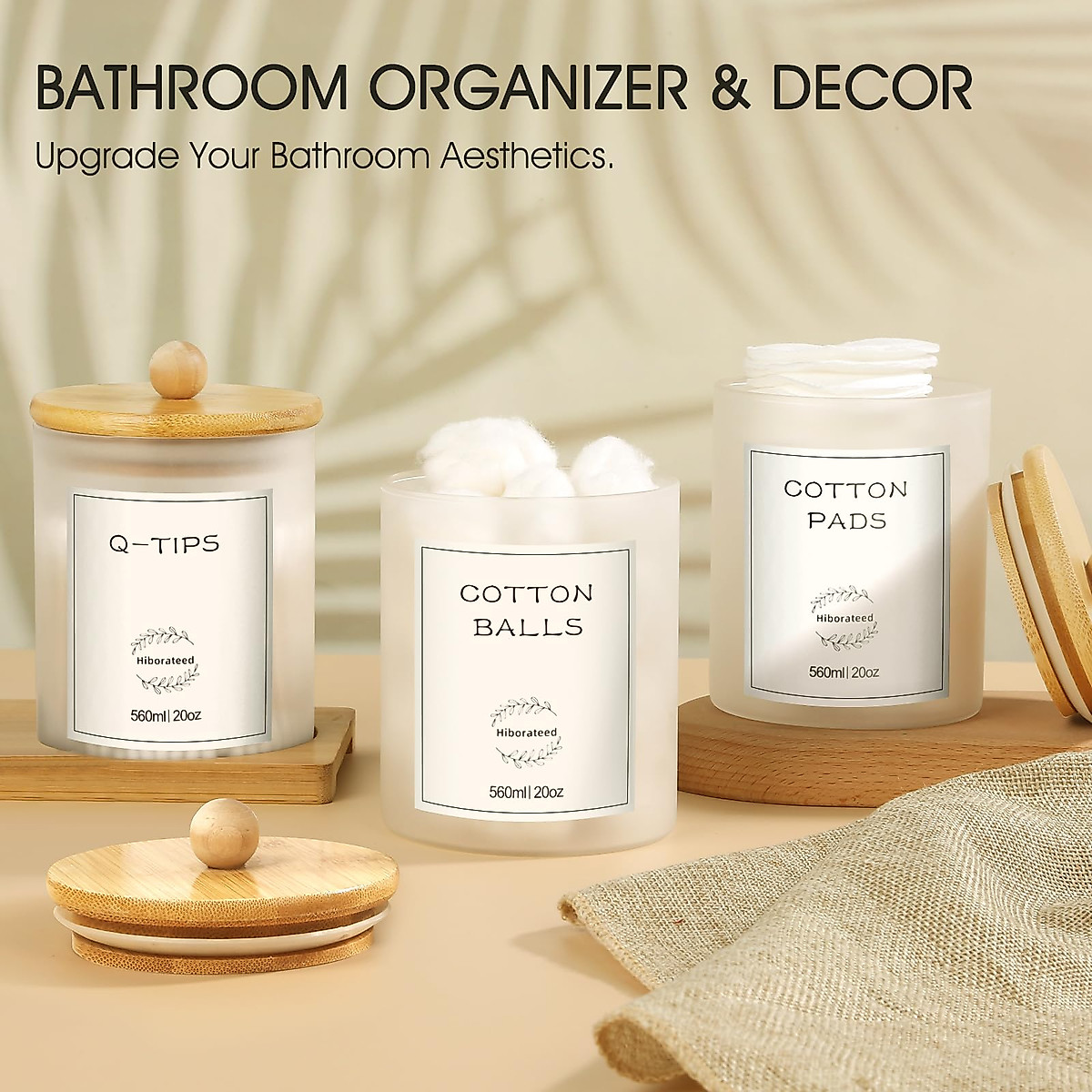 20 oz Glass Qtip Holder Dispenser with Bamboo Lids and Tray, 3 Pack Bathroom Organizers and Storage Bathroom Decor Farmhouse Decor, Apothecary Jars for Cotton Swab, Cotton Ball, Cotton Pads and Floss