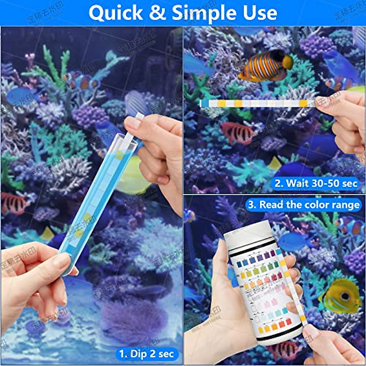 7 in 1 Aquarium Water Testing Strips, 100 Strips Marine Test Kits for Aquariums Pond Betta Fish Tank Freshwater Saltwater, Easy Tester for pH, Chlorine, Alk, Nitrate, Nitrite, Carbonate, Hardness