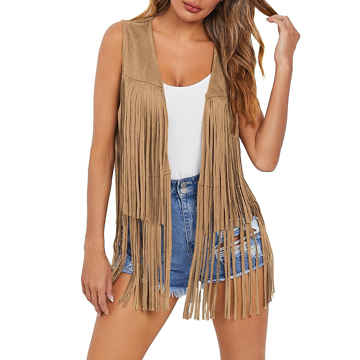 Dokotoo Womens Spring Fashion 2025 Fringe Vest 70s Theme Birthday Party Hippie Costume Rodeo Club Night Cowgirl Western Resort Wear Concert Outfits for Women Summer Vests for Women Khaki X-Large