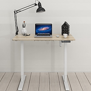 SHW Small Electric Height Adjustable Sit Stand Desk with Hanging Hooks and Cable Management, 40 x 22 Inches, White Frame and Maple Top