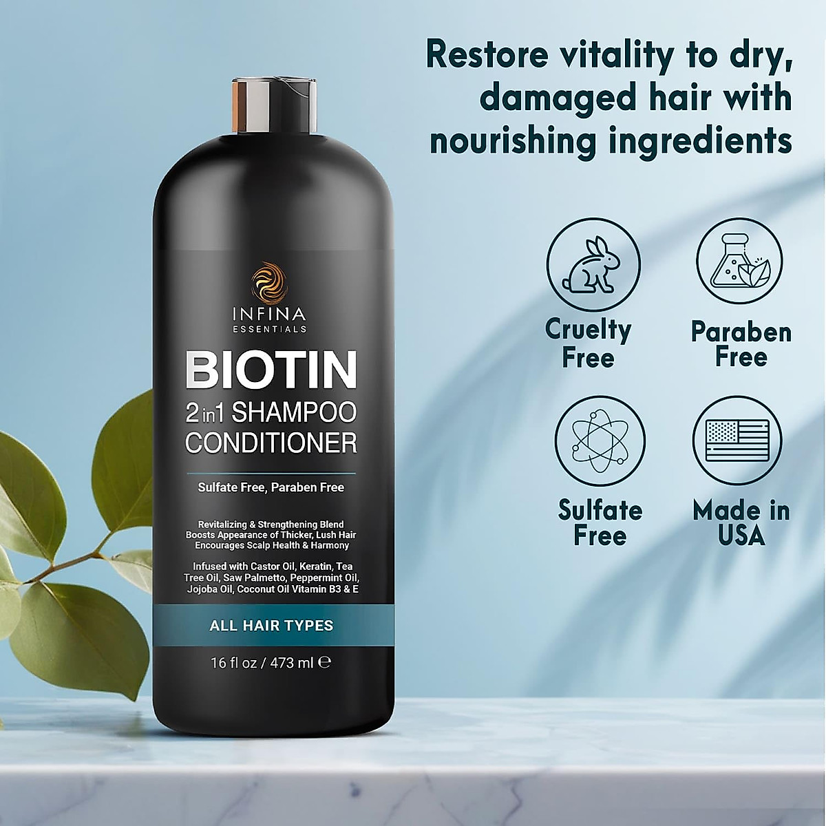 INFINA ESSENTIALS Biotin 2-in-1 Shampoo and Conditioner for Men & Women – Hair Thickening & Strengthening Shampoo with Saw Palmetto, Keratin, Caffeine & Vitamin E – Convenient Daily Use – 16 fl oz