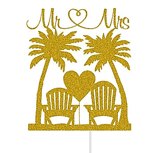 Mr & Mrs Cake Topper Tropical Wedding Cake Decorations Palm Tree Chair Hawaii Beach Wedding Party Supplies Bride & Groom Travel Cake Toppers Gold Glitter