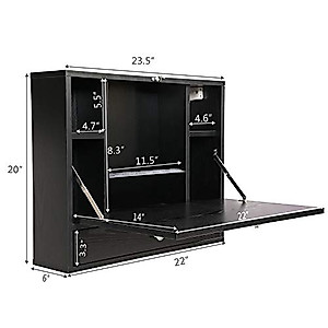 Sandinrayli Wall Mounted Desk, Fold Down Desk, Home Office Wooden Floor Type Floating Computer Desk with Drawer Storage Shelf and Partition, Black