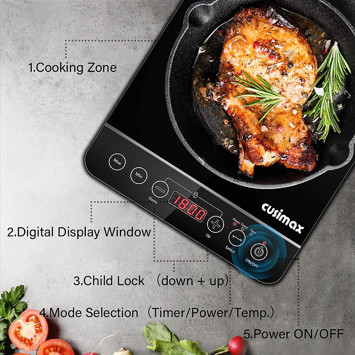CUSIMAX Induction Cooktop,1800W Portable Induction Burner with Sensor Touch,Kids Safety Lock,10 Temperature and 9 Power Setting induction hot plate with Timer