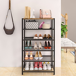 Yusong Shoe Rack, 6 Tier Shoe Organizer Storage for Closet Entryway, Narrow Tall Metal Shoe Shelves with Industrial Wooden Top, Rustic Brown and Black