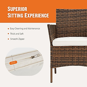 Sweetcrispy Patio Furniture Set 4 Pieces, Outdoor Furniture with Soft Cushion and Glass Table, All Weather Manual Weaving Wicker Rattan Patio Chairs for Garden, Terrace, Porch, Lawn (Brown and Beige)