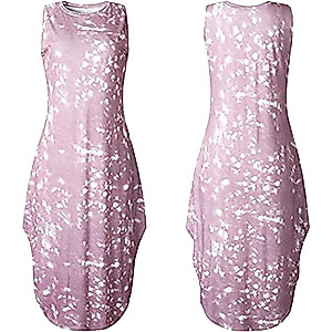 Sdeycui Women Fashion Porket O-Neck Gradient Printing Sleeveless Casual Slit Long Dress(Pink, M)