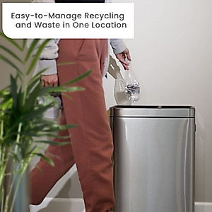 Home Zone Living 13 Gallon Kitchen Trash Can, Dual Removable Liners for Recycling and Trash, Wide Stainless Steel Shape, Open Top, No Lid Design (8 + 5 for 13 Gallon Total)