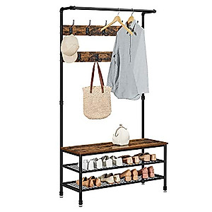 VASAGLE DAINTREE 3-in-1 Entryway Coat Rack and Storage Bench, Pipe Style Hall Tree with 9 Hooks, Multifunctional, Sturdy Steel Frame, Large Size, Industrial, Rustic Brown and Black UHSR47BX