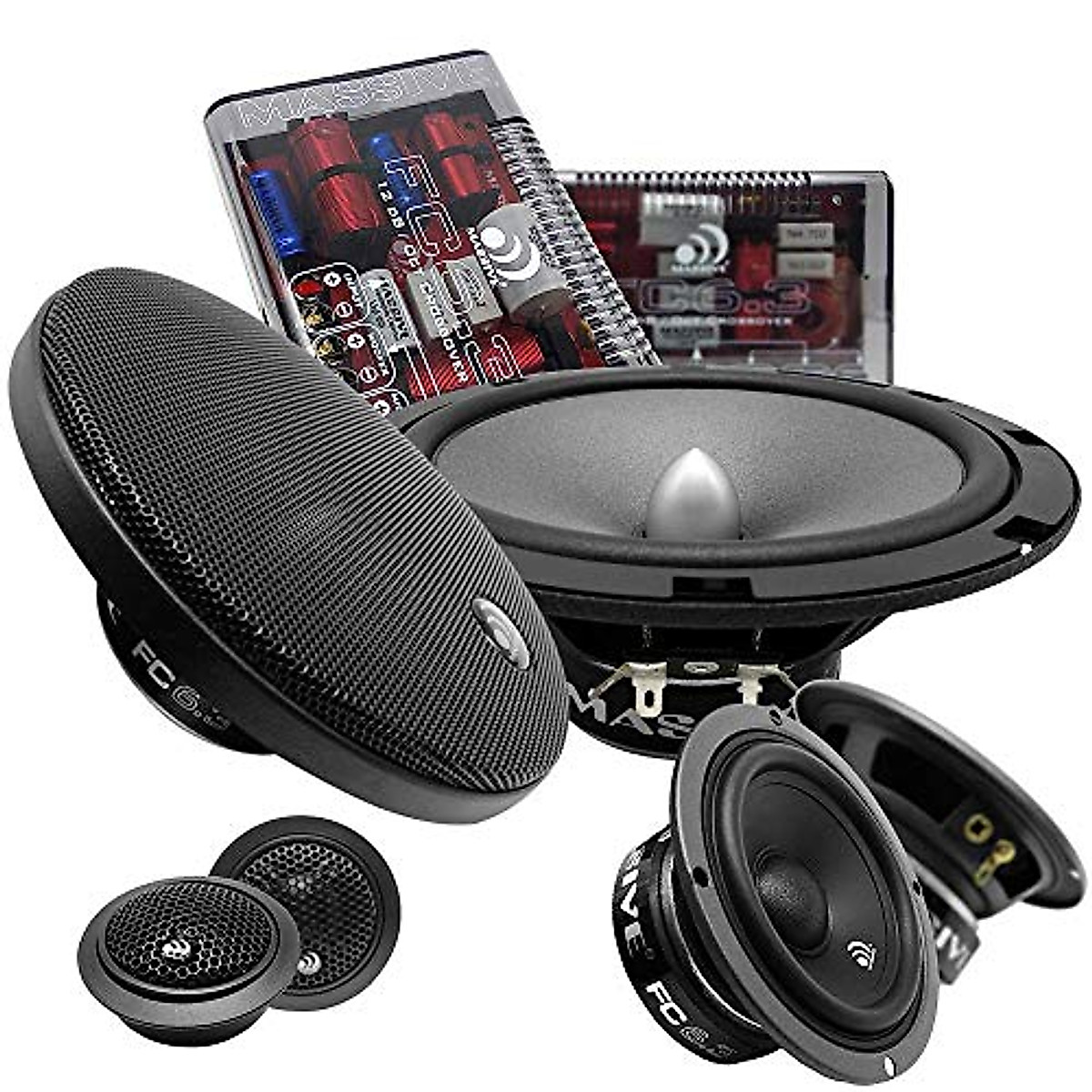Massive Audio FC6.3 – 6 Inch / 6.5 Inch 3-Way, 150w/300 Watts Max, 6.5 Inch Mid-Bass, 3 Inch Mid-Range, 25mm Tweeter, 4 Ohm, 12db X-Over, Component Kit Speakers. Pair