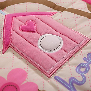 5 PCs Pink Owl Birds Butterfly Nursery Crib Bedding Set Blush Pink Floral Baby Girl Cot Bedding Set Quilt, Fitted Sheet, Skirt, Diaper Storage Bag, Window Valance