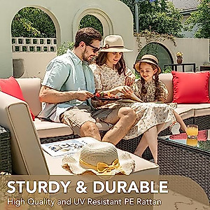 Devoko Patio Furniture Sets 6 Pieces Outdoor Sectional Rattan Sofa Manual Weaving Wicker Patio Conversation Set with Glass Table and Cushion (Beige)