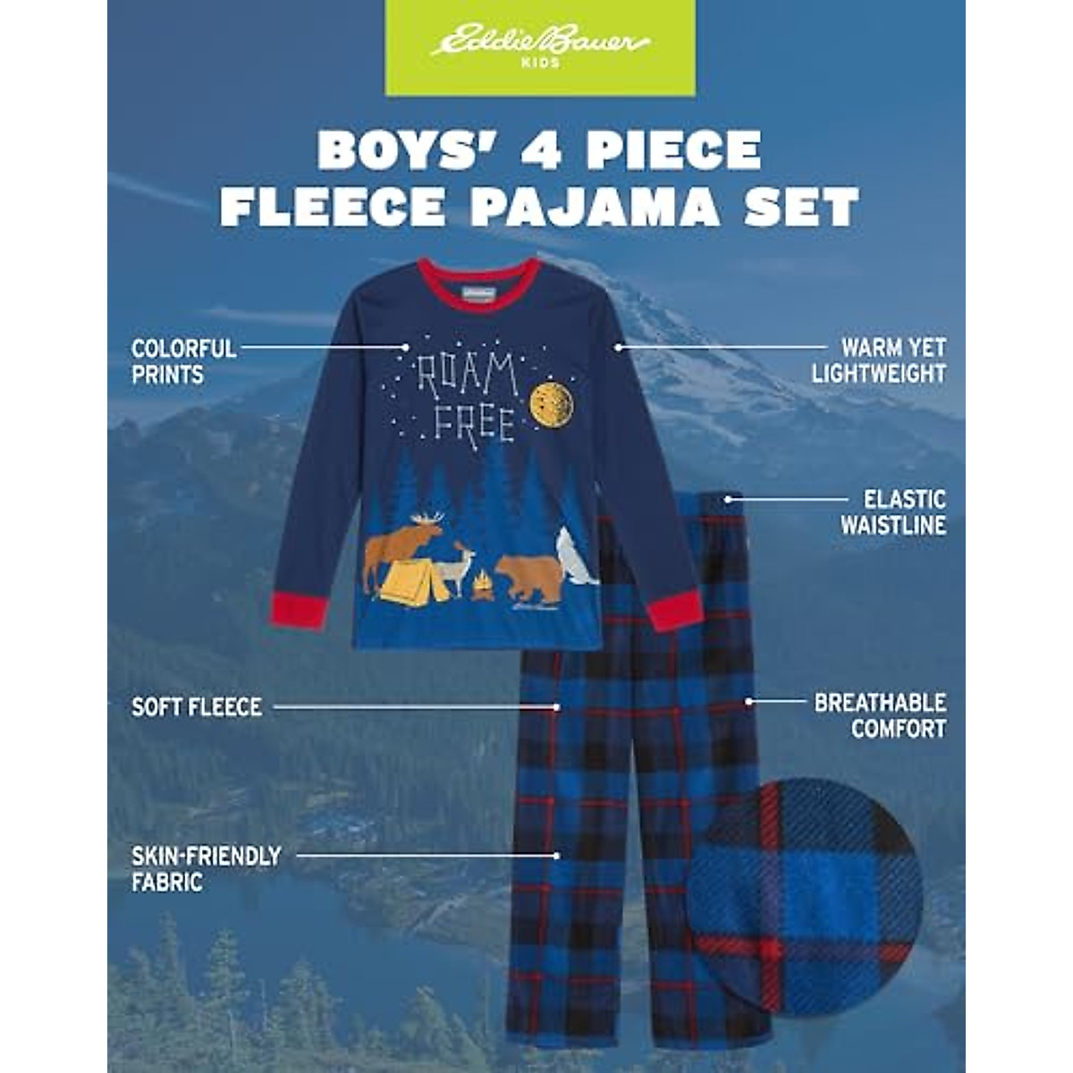 Eddie Bauer Boys' Pajama Set - 4 Piece Matching Fleece Graphic Pajama Tops and Pajama Pants for Boys (Sizes: XS-L), Size Medium, Blue/Grey