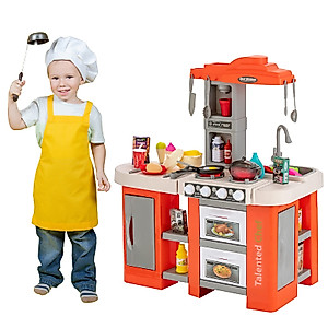 Costzon Kids Kitchen Playset, 67PCS Pretend Chef Play Food Toy Set with Play Sink, Realistic Lights Sounds Steam Spray Simulation, Indoor Cooking Play Kitchen for Toddlers (Orange)
