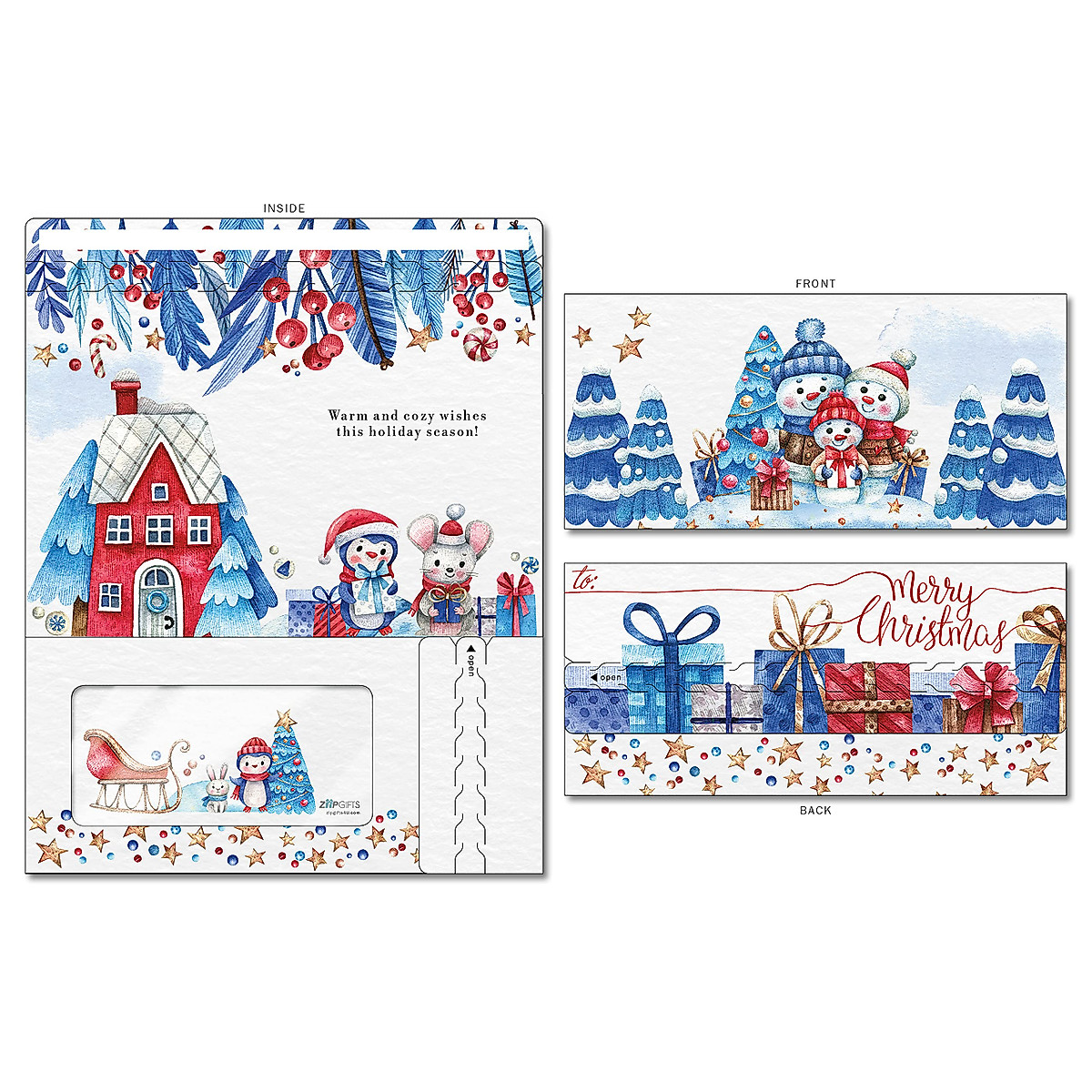 ZipGifts Holiday Card | Zip-Open Money Holder w/Clear Plastic Window for Cash, Check, & Gift Card (Warm & Cozy | 5-Pack)